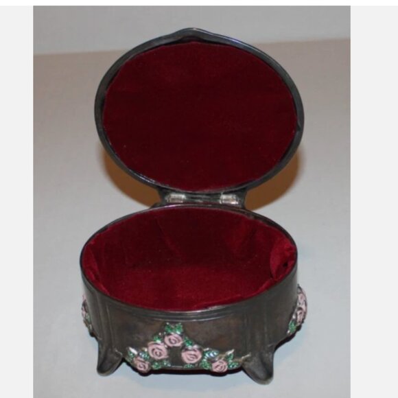 Accents | Vintage Metal Footed Pink Rose Trinket Jewelry Box Red Velvet ...